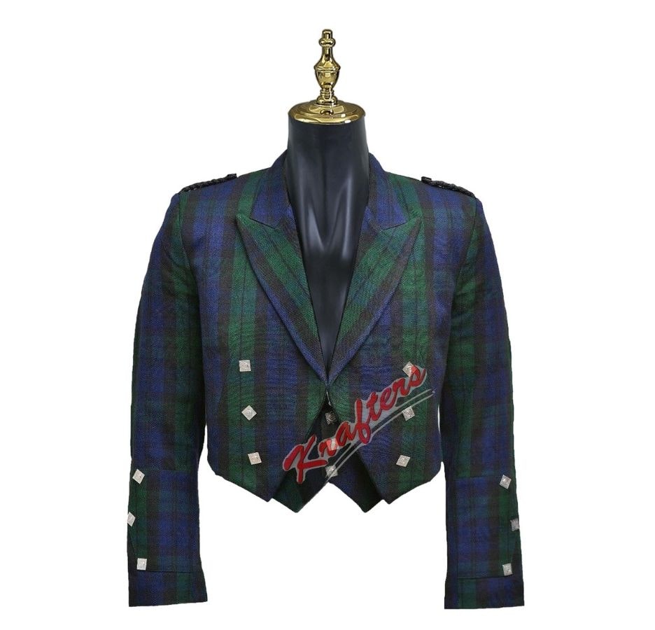 Prince Charlie Jacket with Waistcoat, Acrylic Wool, Black Watch Tartan ...