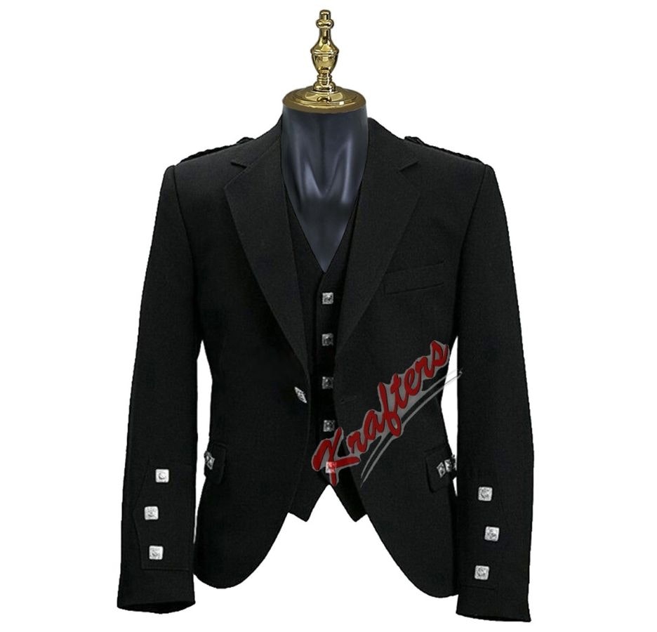 Argyle Jacket with Waistcoat Wool Blend Black Color - kilts and ...